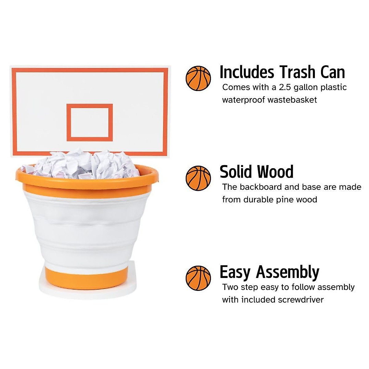 Basketball Trash Can Garbage Hoop - Includes Solid Wood Backboard and Base, and Orange Basketball Garbage Can, Makes a Great Trash Can Basketball Bin for Kids Room, Boys Bedroom, or Office
