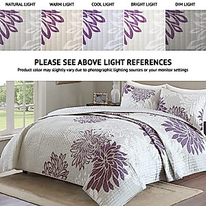 Comfort Spaces Enya Quilt Set - Casual Floral Print Channel Stitching Design, All Season, Lightweight Coverlet, Cozy Bedding, Matching Shams, Decorative Pillows, Full/Queen(90"x90"), Purple 3 Piece