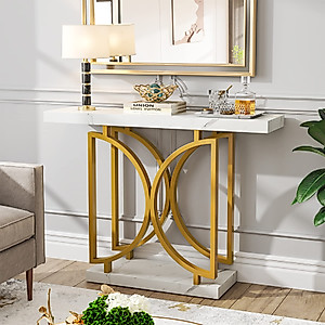 Tribesigns Gold Console Table, 39 Inch Entry Sofa Table with Double D-Shaped Metal Base, Contemporary Accent Table with Faux Marble Veneer for Entryway, Hallway, Entrance, Living Room