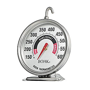 BOHK Large 2.36 Inch Dial Oven Thermometer with Bold Numbers Clear Toughened Glass Lens Hook Base Durable Stainless Steel Body Easy to Read Accurate 150-600℉