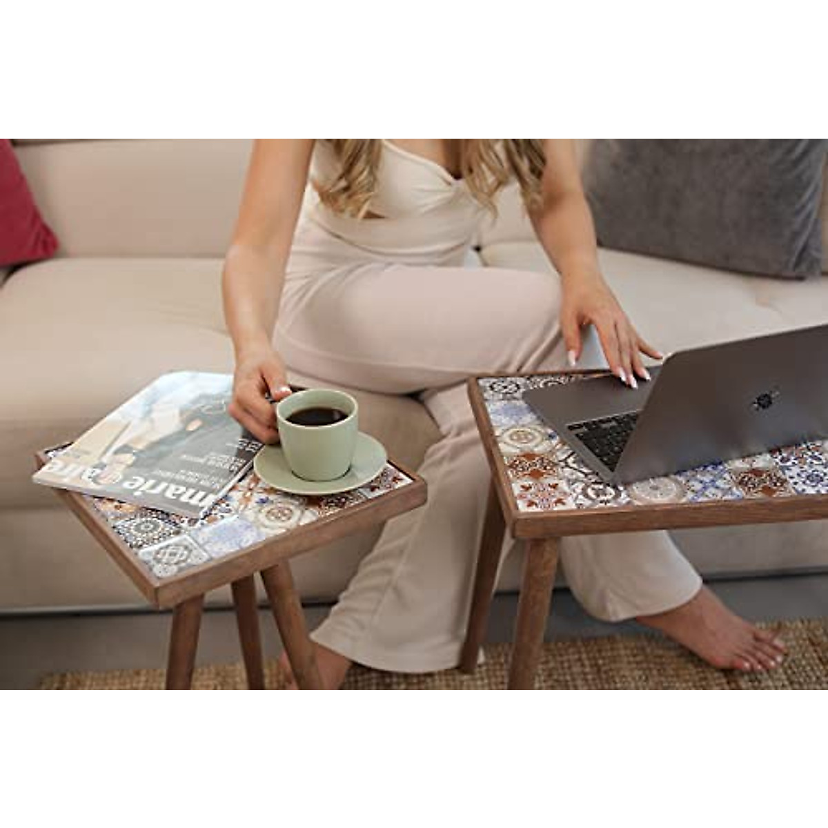 Comfyt Coffee Table, Side Table, End Table, Nightstand Nesting Table Bedside Table Accent Table Home Essentials Wood Tiled Top Rustic Table Ceramic Tiles Mexican Tile Table