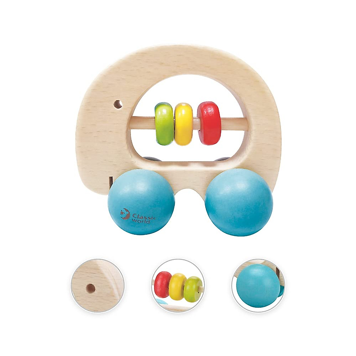 Classic World Wooden Rattle, Elephant Baby Rattle Wood Teether Grasping Toys Rings Push and Pull Toy