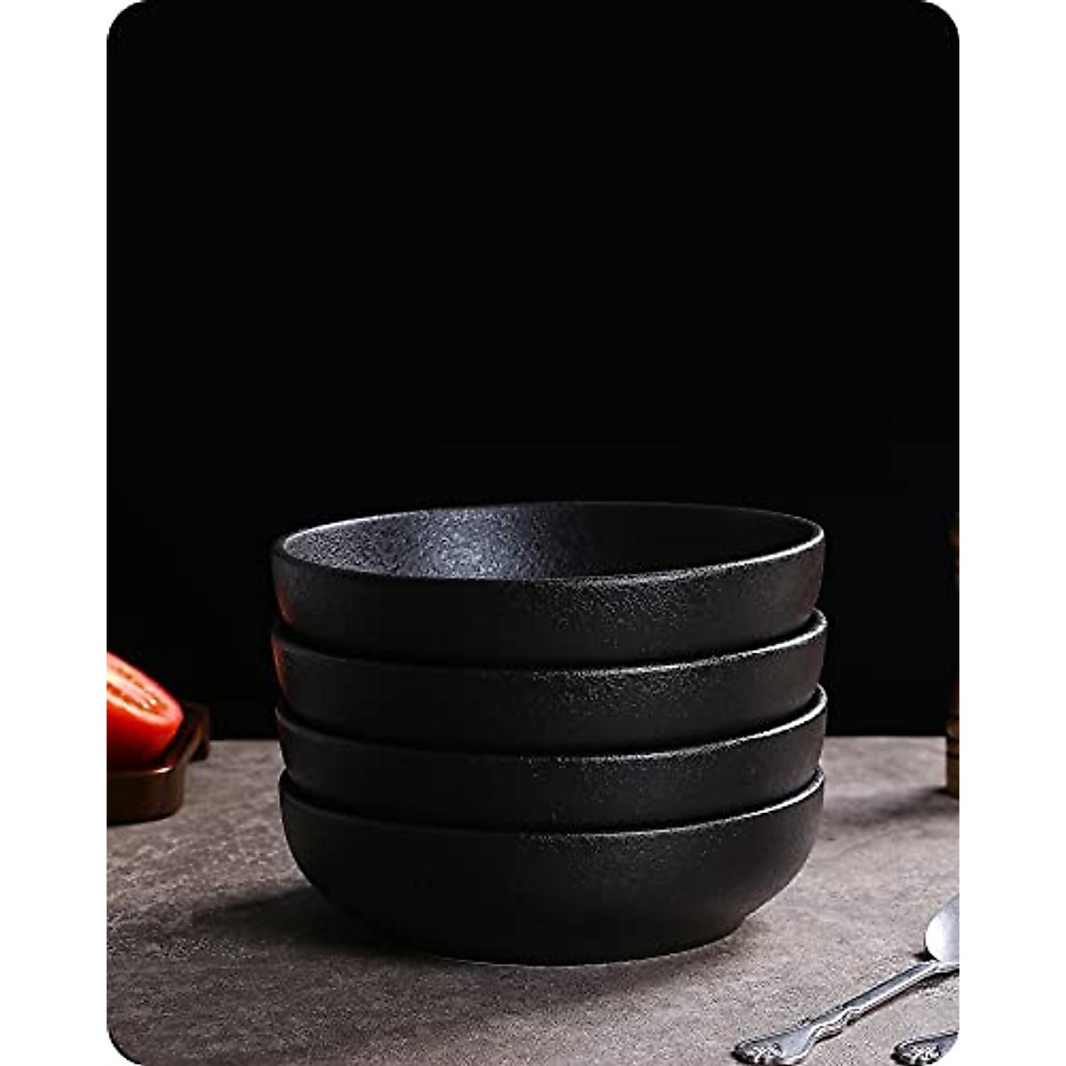 Lareina Pasta Bowls, Ceramic Salad Bowl, Large Serving Bowls, Wide and Shallow, Microwave and Dishwasher Safe, Chip and Scratch Resistant, 35 Ounce - Set of 4 (Cast Iron Black)