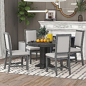 GINGVAT 5-Piece Farmhouse Style Extendable Round Dining Table Set,with 4 Upholstered Chairs,for Living Room,Kitchen, Black