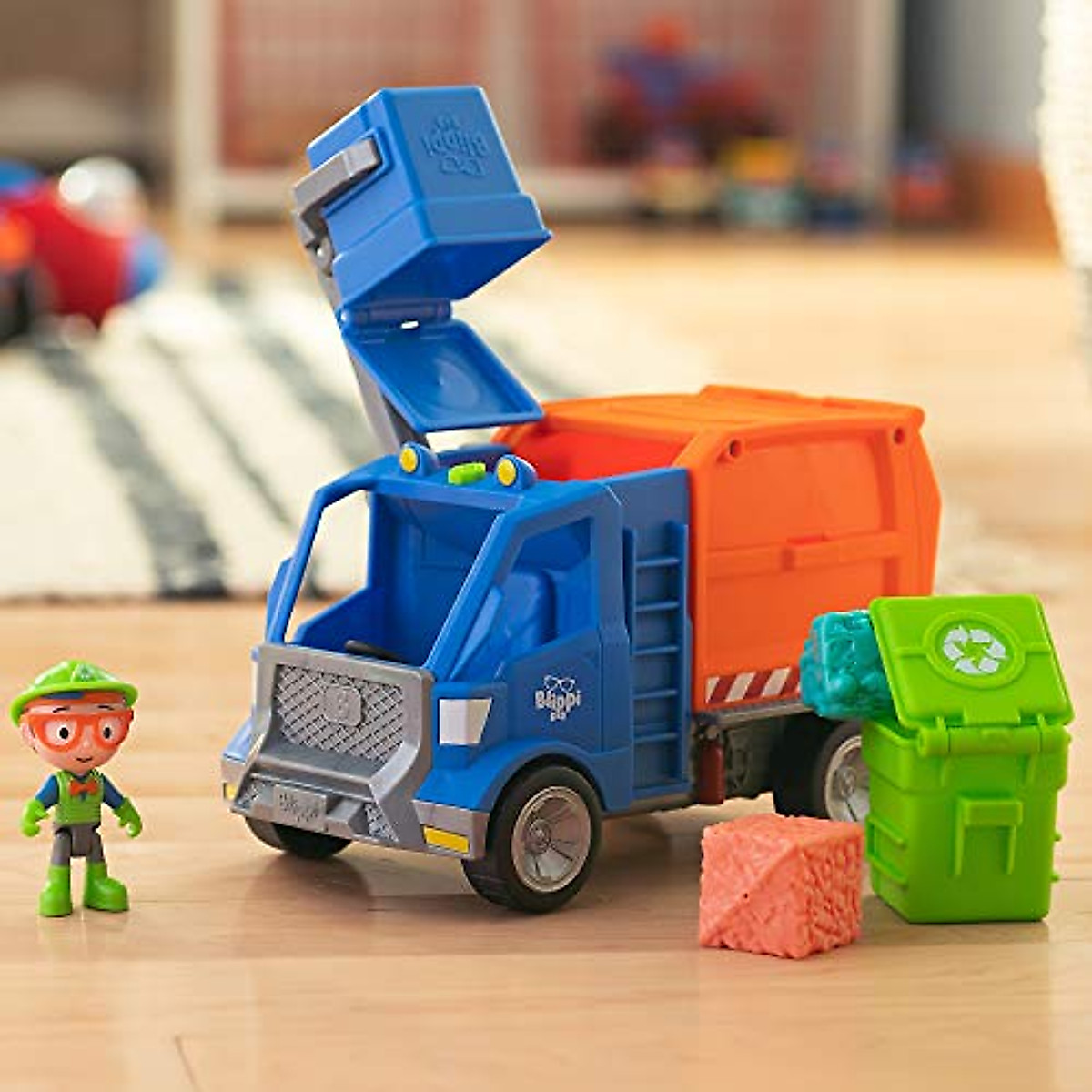 Blippi Recycling Truck - Includes Character Figure, Working Lever, 2 Trash Cubes, 2 Recycling Bins - Sing Along with Popular Catchphrases - Educational Toys for Kids - Amazon Exclusive