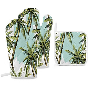 Palm Tree Oven Mitts and Pot Holders Sets of 3,Kitchen Gift Heat Resistant Non Slip Hot Pads & Oven Mitts Set for Cooking BBQ Grilling Baking