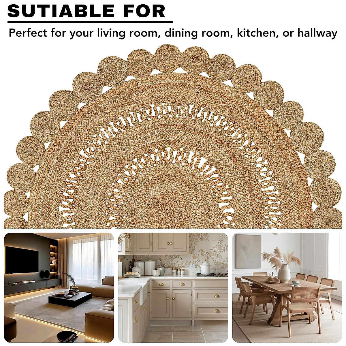 Limecasa,Hand Woven Farmhouse Jute Area Rug 3 Ft Round Natural Yarn, Rustic Vintage Beige Braided Reversible Rug, Eco Friendly Rugs for Bedroom, Kitchen, Living Room, Farmhouse 100% Jute Rug