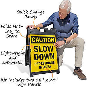 SmartSign 24 x 18 inch “Caution - Slow Down, Pedestrians In Area” Two-Sided BabyBoss A-Frame Sign Kit, Plastic, Black and Yellow (1 A-Frame + 2 Sign Panels), Made in USA