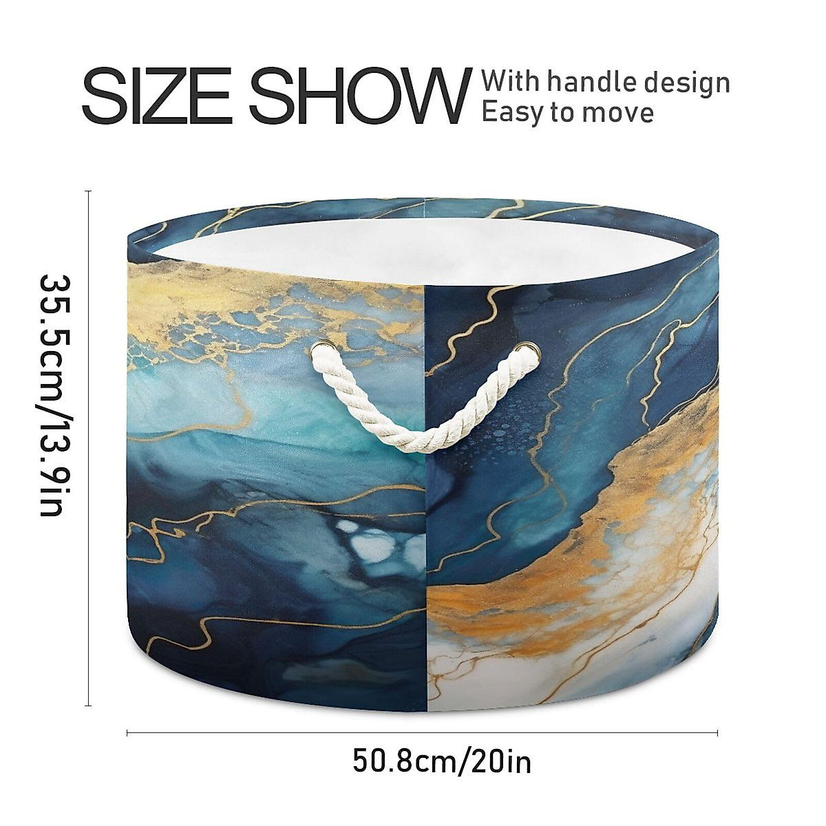 Kigai Cotton Rope Basket Blue Gold Marble Large Storage Basket for Toys Blanket Baby Laundry Basket for Nursery, Closet, Bedroom, Home Organization