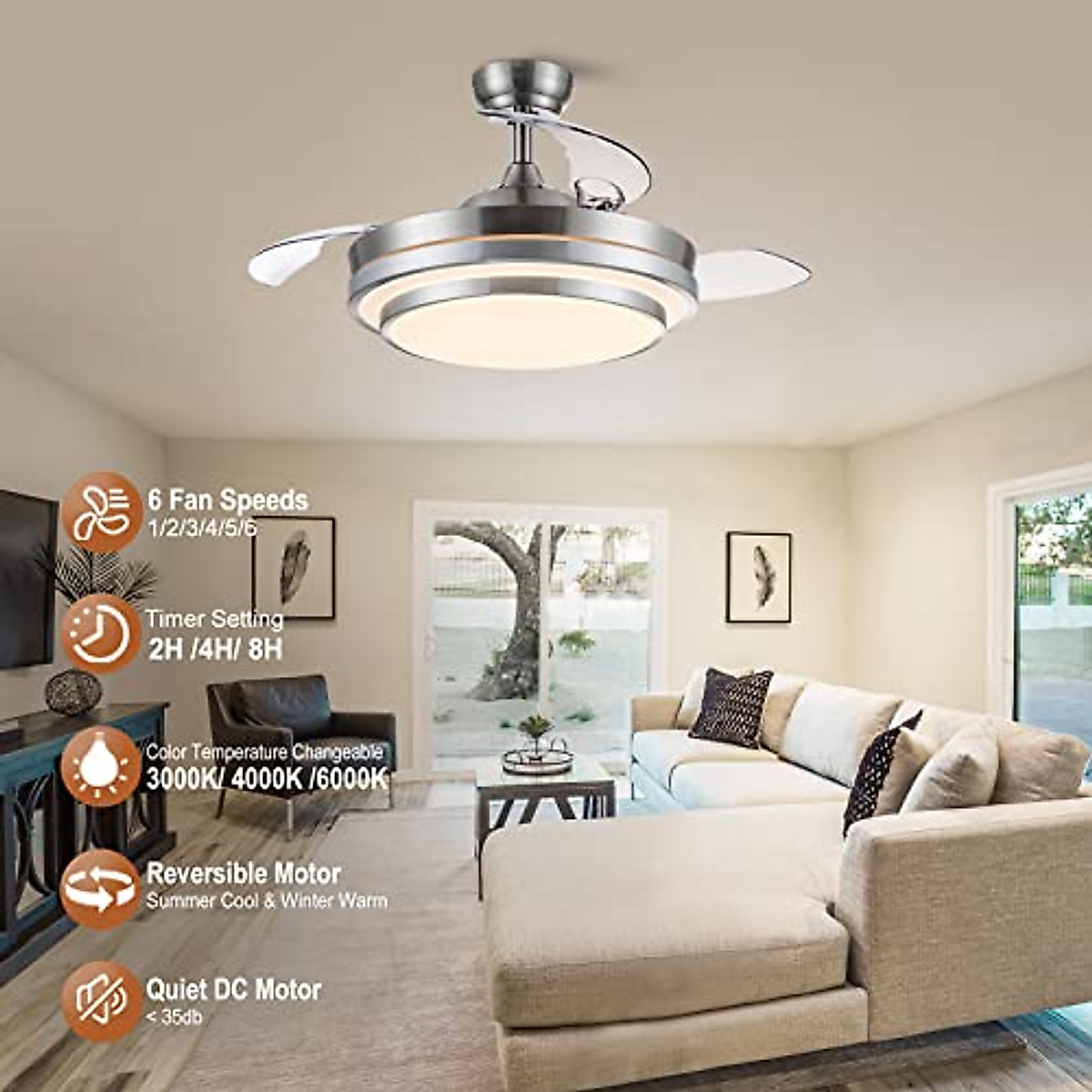 POCHFAN Retractable Ceiling Fan with Lights Remote Control, 42 Inch Modern Ceiling Fan for Bedroom Living Room in 3 Color Changeable,Timer, Noiseless DC Motor, 6 Speed, Brush Nickel, LED Ceiling Fans