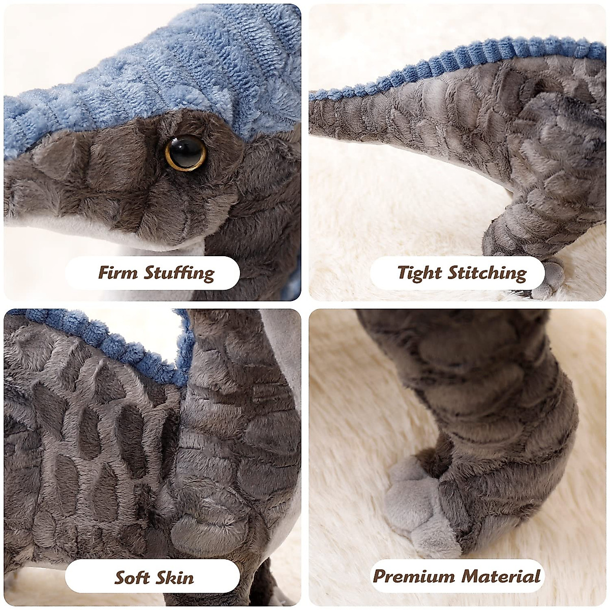 Dinosaur Plush Toy, 16" Parasaurolophus Stuffed Animal Throw Plushie Pillow Doll, Soft Grey Fluffy Friend Hugging Cushion - Present for Every Age & Occasion
