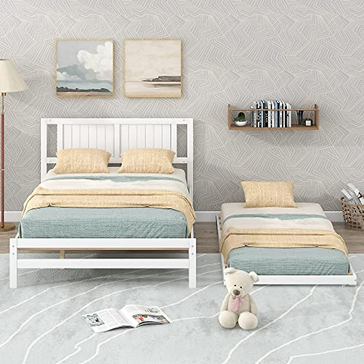 Morhome Full Size Platform Bed with Adjustable Trundle, Wooden Bed Frame with Headboard for Kids Teens Adults