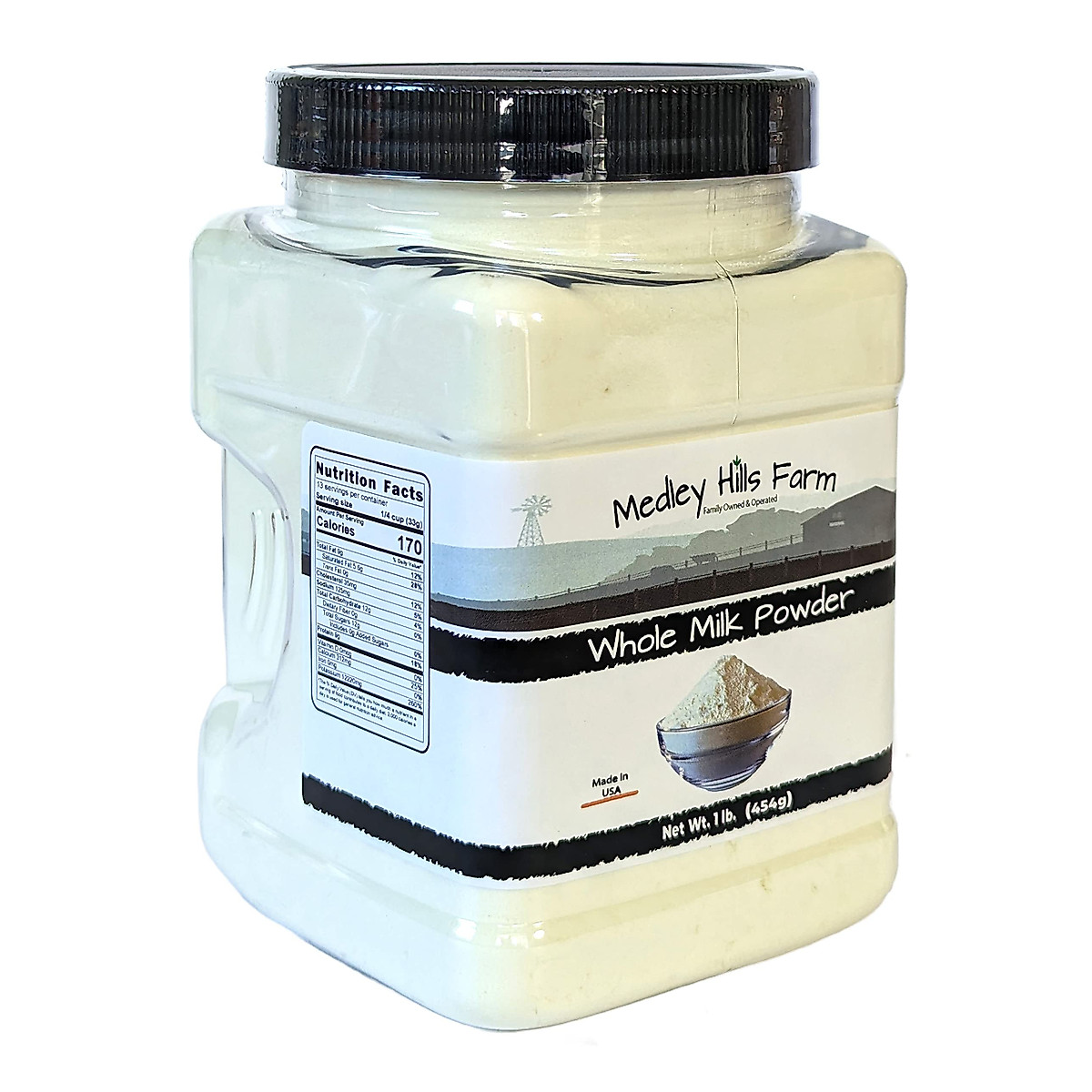 Whole milk powder By Medley Hills Farm in Reusable Container 1 lb. - Great dry milk powder for baking - whole powdered milk - Product of USA
