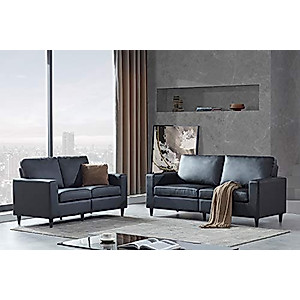 MOEO 2 Piece Leather Sofa Sets, Modern Upholstered Loveseat and 3 Couch Furniture for Living Room, Solid Frame and Wood Legs-Black PU (5 Seat)