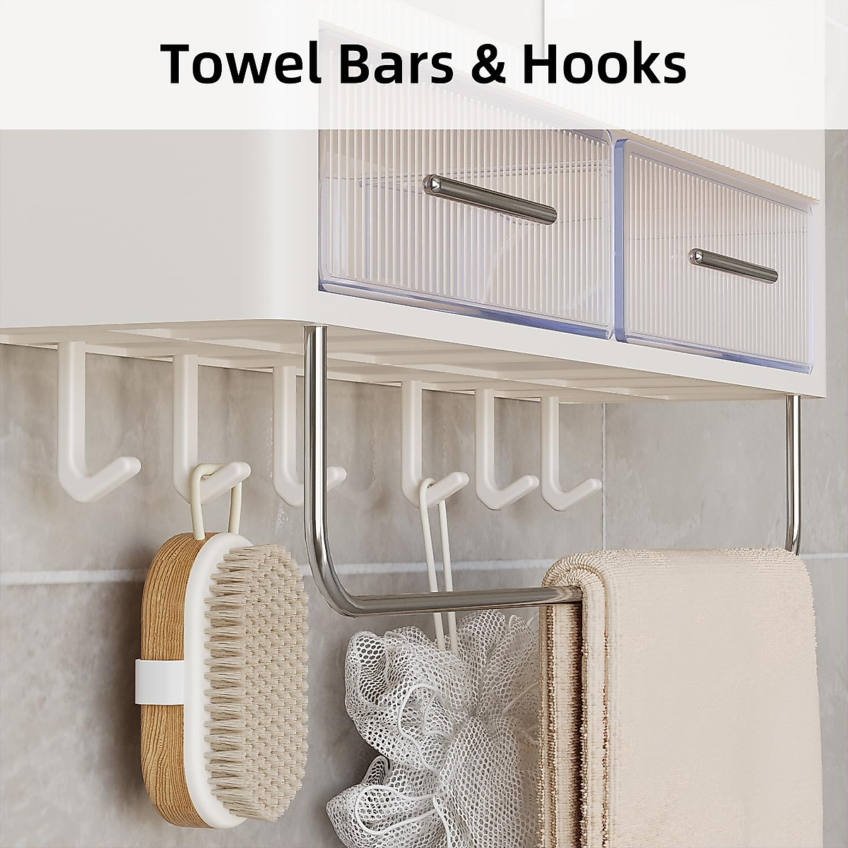 LURIVA Plastic Bathroom Shelves with 2 Drawers & Towel Bar, No Drilling, Bathroom Organizers and Storage, Over Toilet Storage, Wall Mount Shower Organizer, Shower Caddy, Bathroom Wall Cabinet