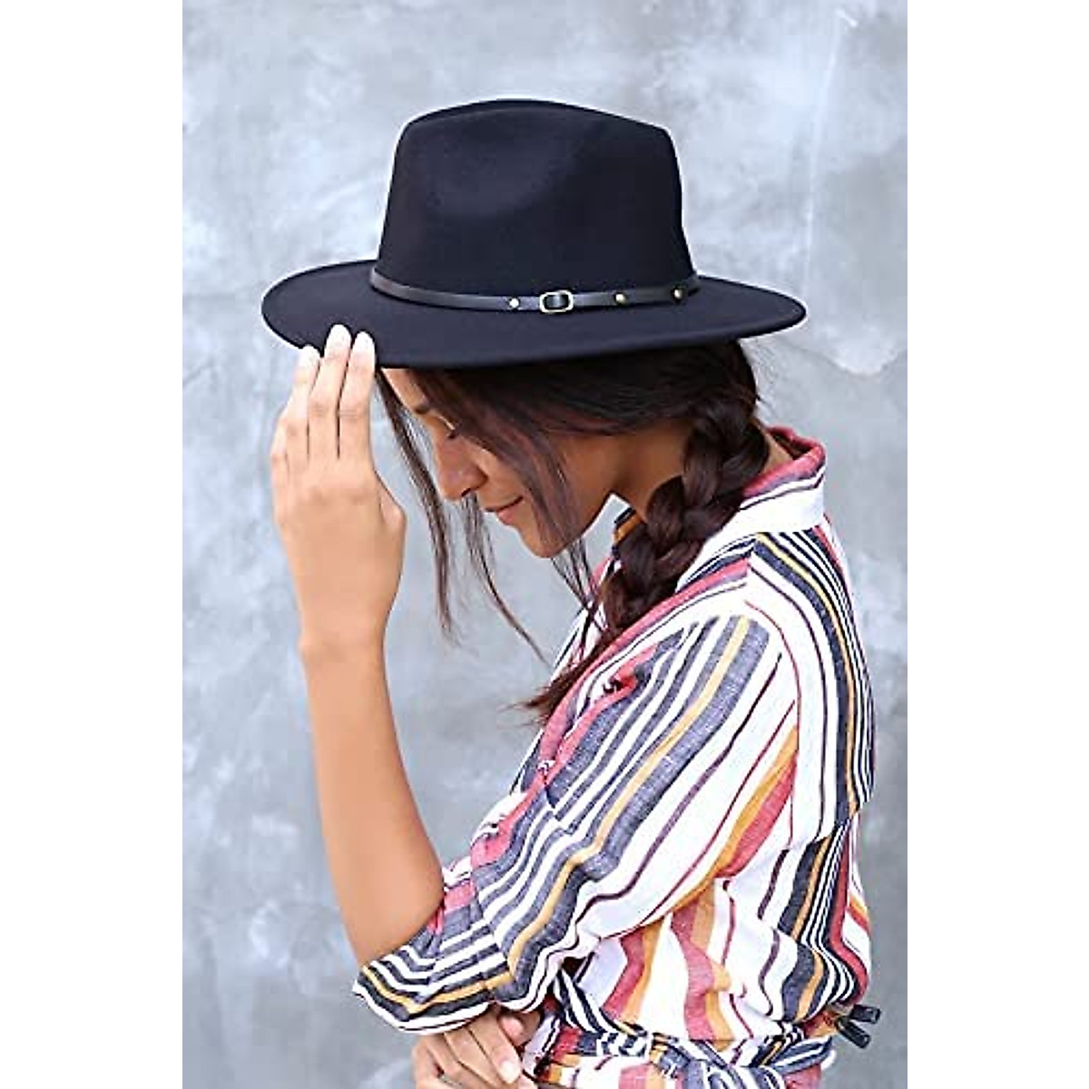 Classic Wide-Brim Fedora-Hats for Women Men Fedora Hat with Belt Buckle Felt Panama Hat Black