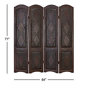 Deco 79 Faux Leather Scroll Partition Room Divider Screen Hinged Foldable Partition 4 Panel Privacy Screen with Faux Leather Detailing, Room Partition 64" x 1" x 71", Brown