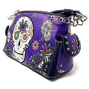 Texas West Women's Embroidered Sugar Skull Handbag Purse Wallet Set in Multi Color (Purple)
