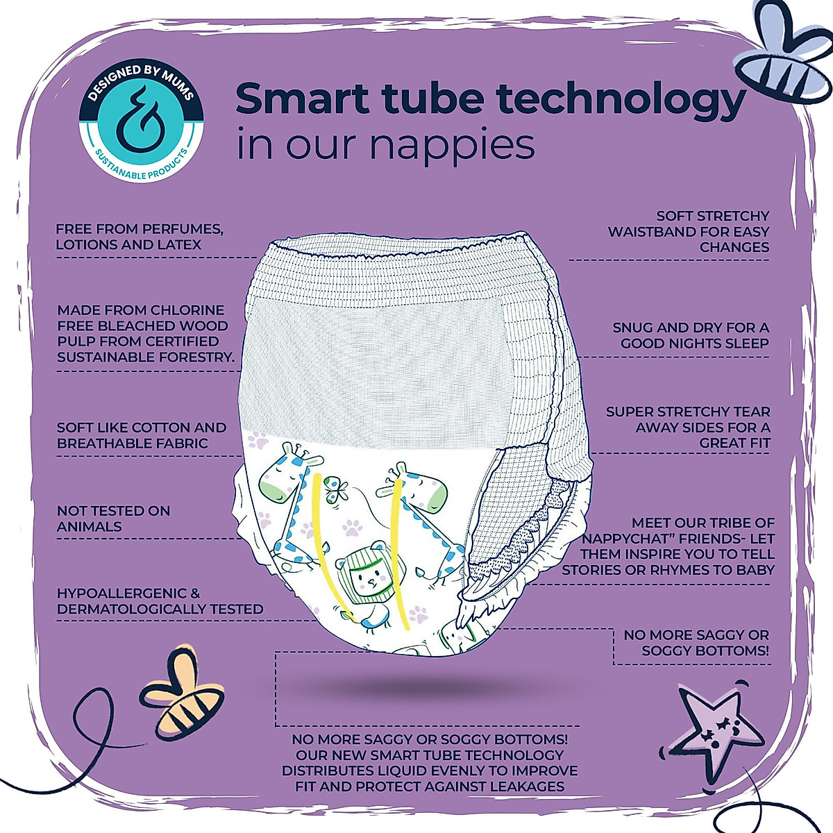 Mum & You Nappychat Premium Performance Eco Diapers, Size 3 (42 Diapers) Smart Tube Technology. Leak Protection. 100% Recyclable. Hypoallergenic, Dermatologically-Tested. No Lotion, Perfume or Dyes.