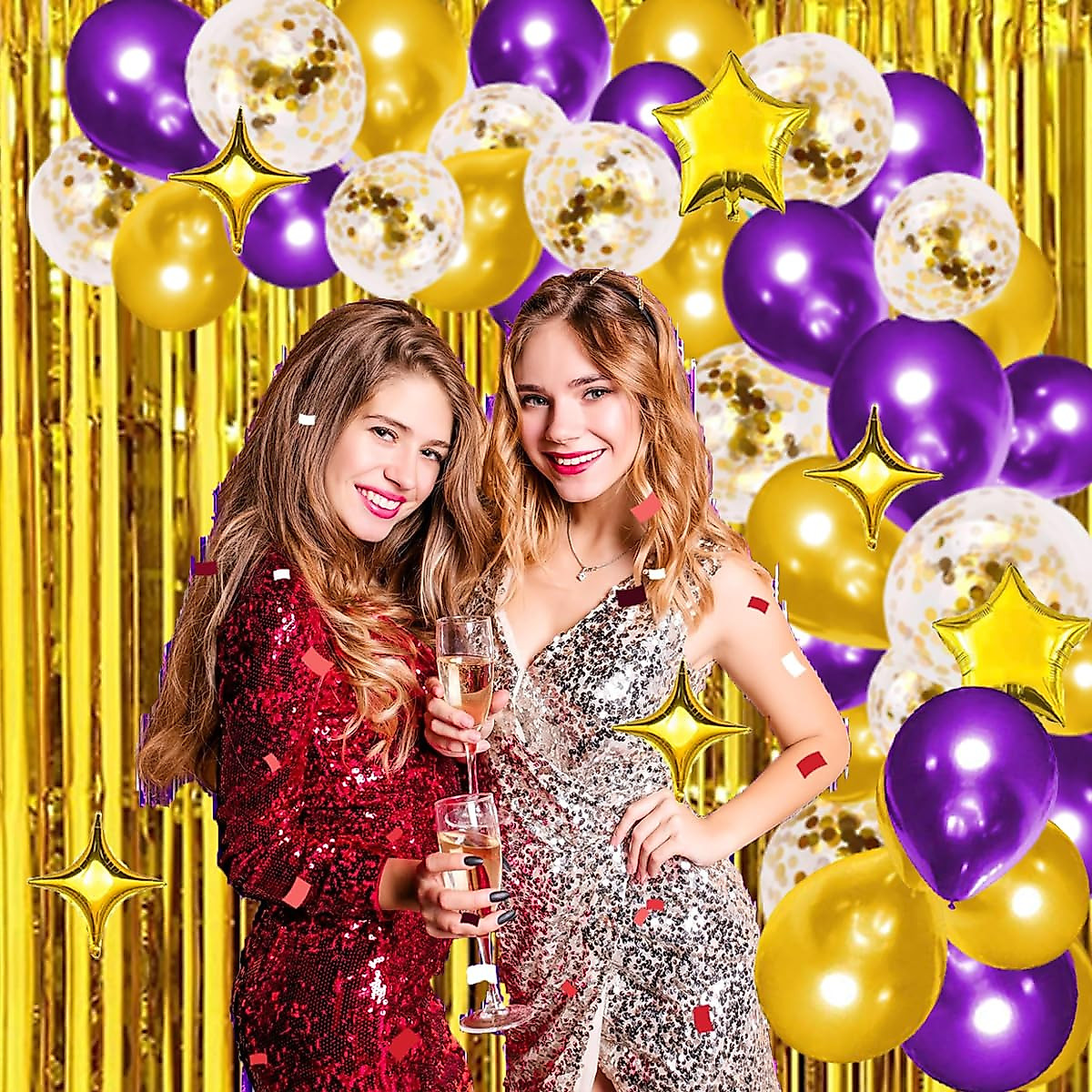 Purple Gold Balloon Garland Arch, 124PCS Purple and Gold Balloons Gold Star Balloons Purple Tinsel Foil Fringe Curtain for Purple Birthday Wedding Anniversary Graduation Party Decorations Purple Gold