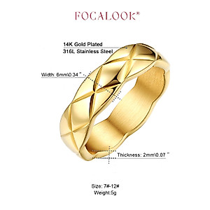 FOCALOOK Gold Ring 14K, Gold Rings for Women, Crush Wide Band Gold Ring, Wide Gold Band, Stacking Rings, Gold Wedding Band Minimalist Style (Gold, 7)