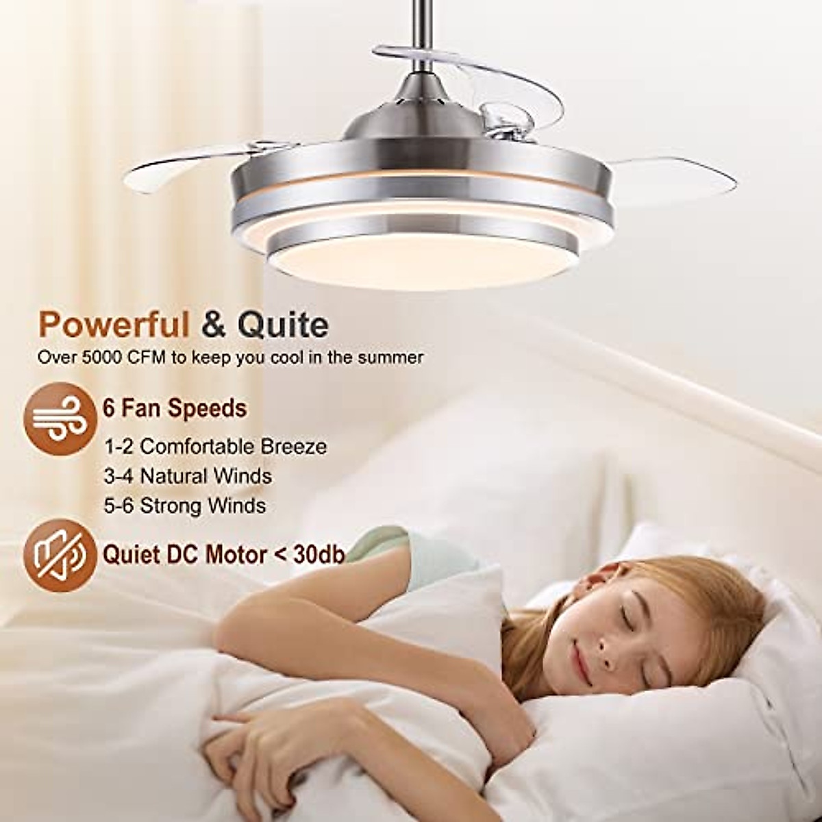 POCHFAN Retractable Ceiling Fan with Lights Remote Control, 42 Inch Modern Ceiling Fan for Bedroom Living Room in 3 Color Changeable,Timer, Noiseless DC Motor, 6 Speed, Brush Nickel, LED Ceiling Fans