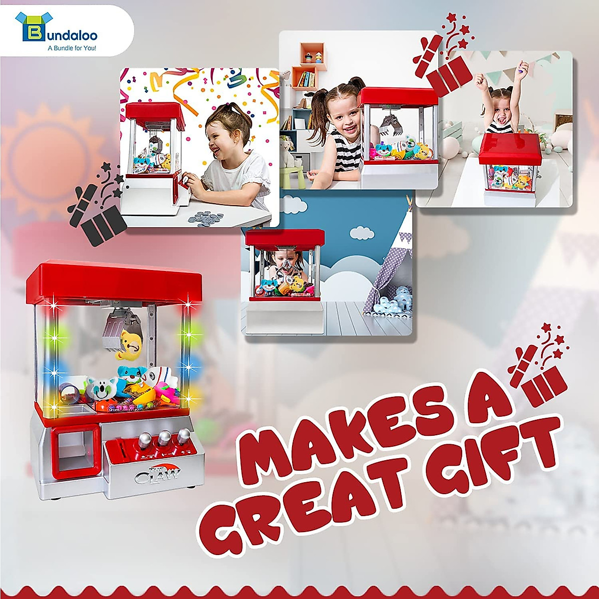 Bundaloo Claw Machine Arcade Game - Electronic Mini Candy and Toy Grabber Dispenser for Kids - with Lights Sound & 4 Mini Plush Animals (Red)