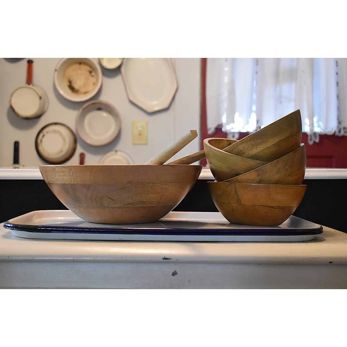 Fairwood Way Wooden Salad Bowl and Four 7 Inch Dinner Salad Bowls