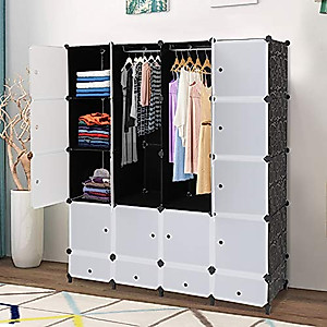 VINGLI Portable Closet Shelves, 16 Cube Clothes Organizer, Plastic Playroom Storage, Storage Closet, DIY Cube Storage Organizer with Doors and Hanging Rods