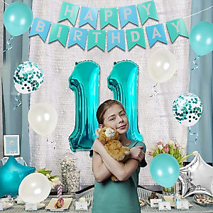 11th Birthday Decorations for Girls Teal - Happy 11th Birthday Decorations Eleventh Birthday Cake Topper Teal Fringe Curtain Turquoise Banner Number 11 Foil Balloon, 11 Year Old Girl Gift Ideas