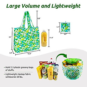 Feveqher 4 pack Reusable Grocery Bags, Large Capacity with 50LB, Lightweight Foldable Bags with Stylish and Cute Pattern in Ripstop Fabric