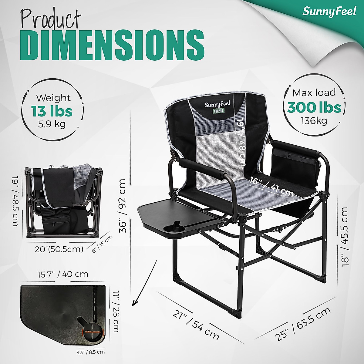 SUNNYFEEL Camping Directors Chair, Heavy Duty,Oversized Portable Folding Chair with Side Table, Pocket for Beach, Fishing,Trip,Picnic,Lawn,Concert Outdoor Foldable Camp Chairs