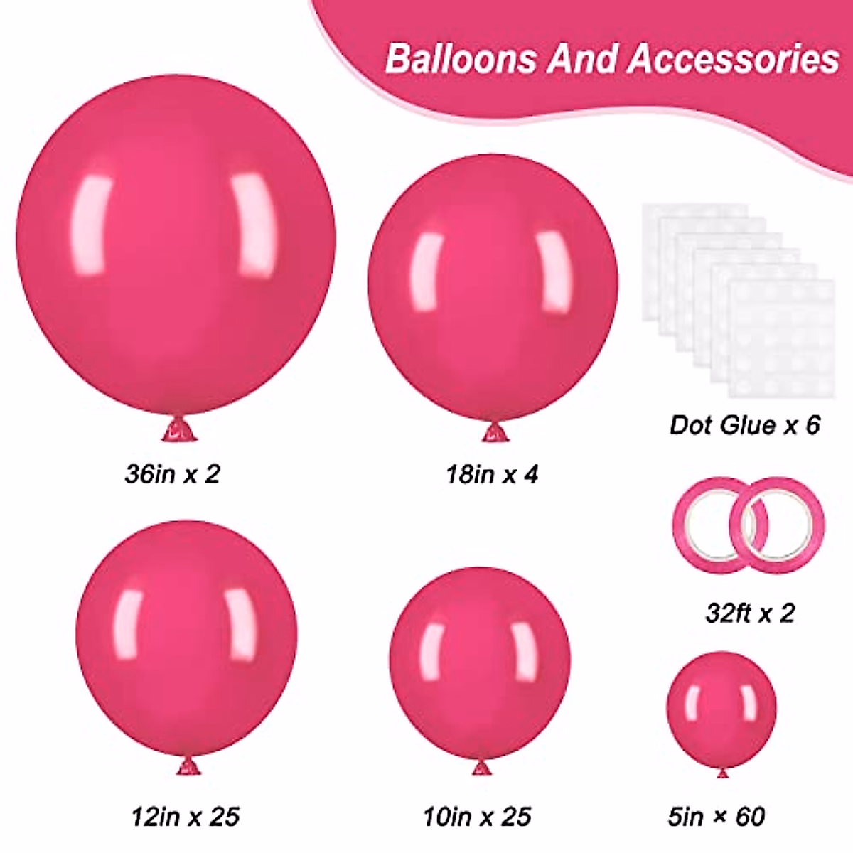 RUBFAC 116pcs Hot Pink Balloons Different Sizes Pack of 36 18 12 10 5 Inch for Garland Arch Extra Large Balloons for Birthday Wedding Party Decoration