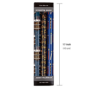 LeZakaa Birthday Wrapping Paper Roll - Mini Roll - Cake/Happy Birthday Lettering/Candle for Girl, Boy, Kids, Adult, Friends - 17 x 120 inches, 3 Rolls (42.5 sq.ft.ttl.)