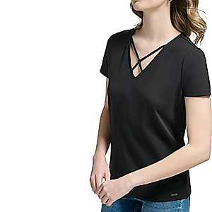 Calvin Klein Women's Knit Short Sleeve Blouse, Black, Medium