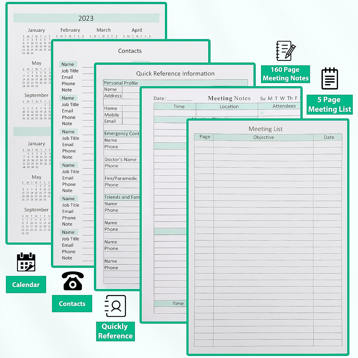GuanQiao Meeting Notebook for Work with Action Items,Hardcover Spiral Meeting Notes for Note Taking,Professionally Office/Business/Schools Agenda for Men/Women,160 Pages,7 x 10, Teal