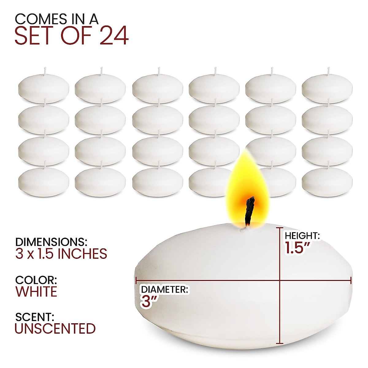 24 Count 3" Inch Floating Candles Bulk Set with 10 Hour Burn Time, Unscented White Floating Candles for Centerpieces in Cylinder Vases at a Wedding, Party, Pool, or Holiday, Large Floating Candles