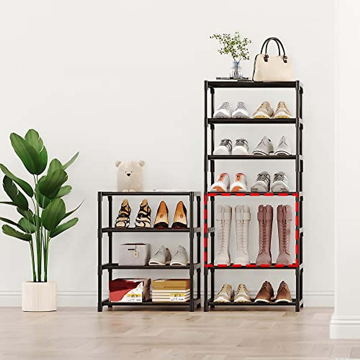 SOKOSEN 4-Tier Small Shoe Rack, Metal Stackable Kids Shoe Shelf Storage Zapateras Organizer,Narrow Shoe Rack Sturdy for Closet Hallway Entryway Living Room Bedroom (Black)