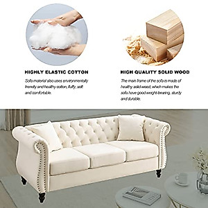 Imbesty 3 Seater Accent Sofa with Two Pillows, Chesterfield Beige Velvet Couch 80" Sofa Tufted Vintage Couch with Rolled Arms and Nailhead for Living Room, Bedroom, Apartment (80"-Beige)