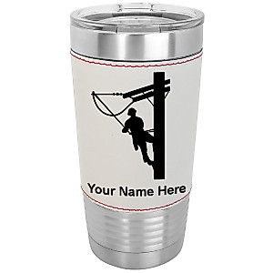 LaserGram 20oz Vacuum Insulated Tumbler Mug, Lineman, Personalized Engraving Included (Faux Leather, Baseball Style)