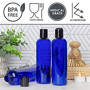 Cornucopia Brands 8oz Plastic Squeeze Bottles w/Disc Top Flip Cap (6-Pack, Blue); BPA-Free Containers For Shampoo, Lotions, Liquid Body Soap, Creams