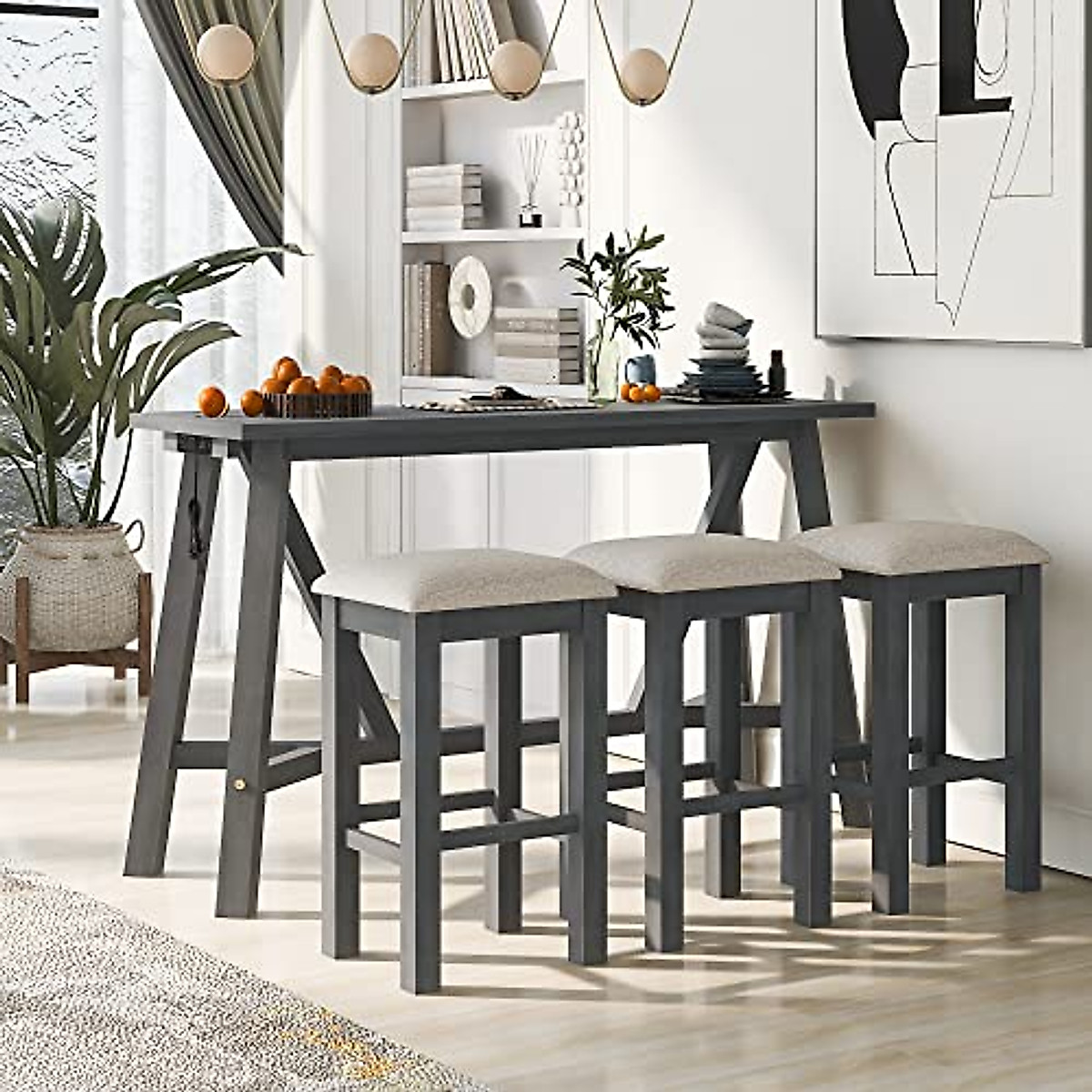 P PURLOVE 4 Piece Dining Table Set with 3 Upholstered Stools, Multipurpose Home Kitchen Dining Bar Table with USB Port and Power Strip for Living Room, Restaurant, Bar, Gray