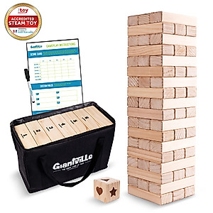 Giantville Giant Tumbling Timber Toy - Premium Pine Wood Life-Size Blocks Tower - Big Floor/Board Indoor/Outdoor Yard Game for Kids & Adults - 54-Pieces + Dice + Carry Bag - Grows to Almost 4-Feet