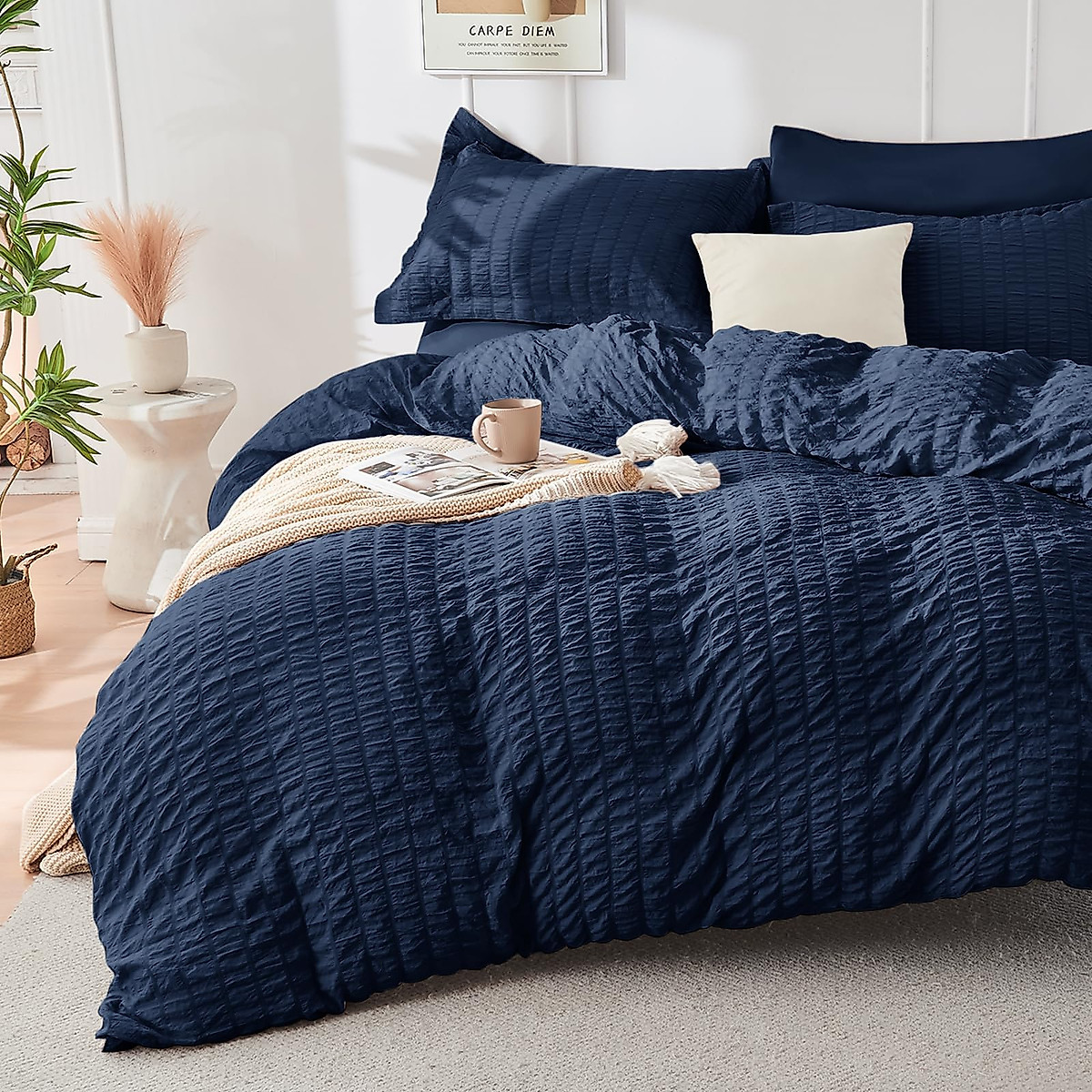 HYMOKEGE Navy Blue Full Size Comforter Sets Seersucker 7 Pieces, All Season Luxury Bed in a Bag for Bedroom, Bedding Set with Comforters, Sheets, Pillowcases & Shams