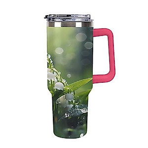 Lily of The Valley Flowers Green Leaves 40 Oz Car Cup Stainless Steel Travel Mug Leak-Proof Insulated Tumbler with Handle Light Rose Red-style