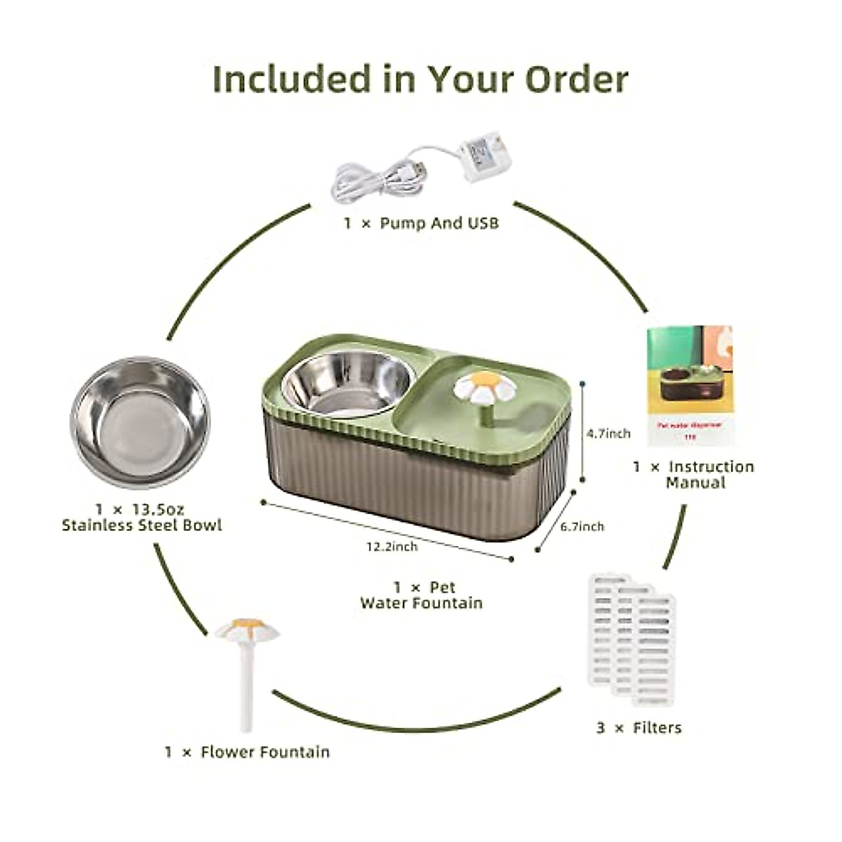 JEERAMIA Cat Water Fountain and Food Bowl, 3L/101oz Ultra Quiet Pet Water Dispenser with Smart Pump and 3 Replacement Filters, Automatic Flower Fountain & Stainless Steel Bowl (Black & Green)