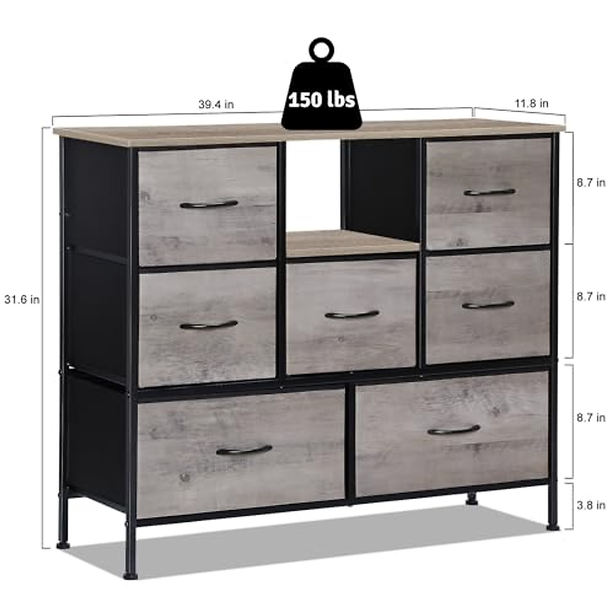 Dresser TV Stand, Grey Entertainment Center with Storage Fabric Drawers for 55" TV, Chest of Drawer Unit for Bedroom, Living Room, Hallway, Entryway, Closet