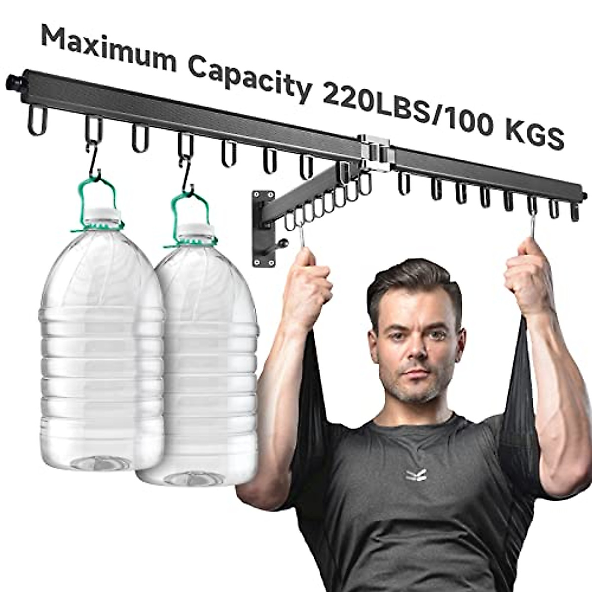 NesTidy Retractable Drying Rack, 3 x 25 L T-fold Clothes Drying Rack Space Saving with Towel Rod and Hanger Organizer, Wall Mounted Clothes Hanger Rack for Balcony, Laundry, Bathroom, Closet