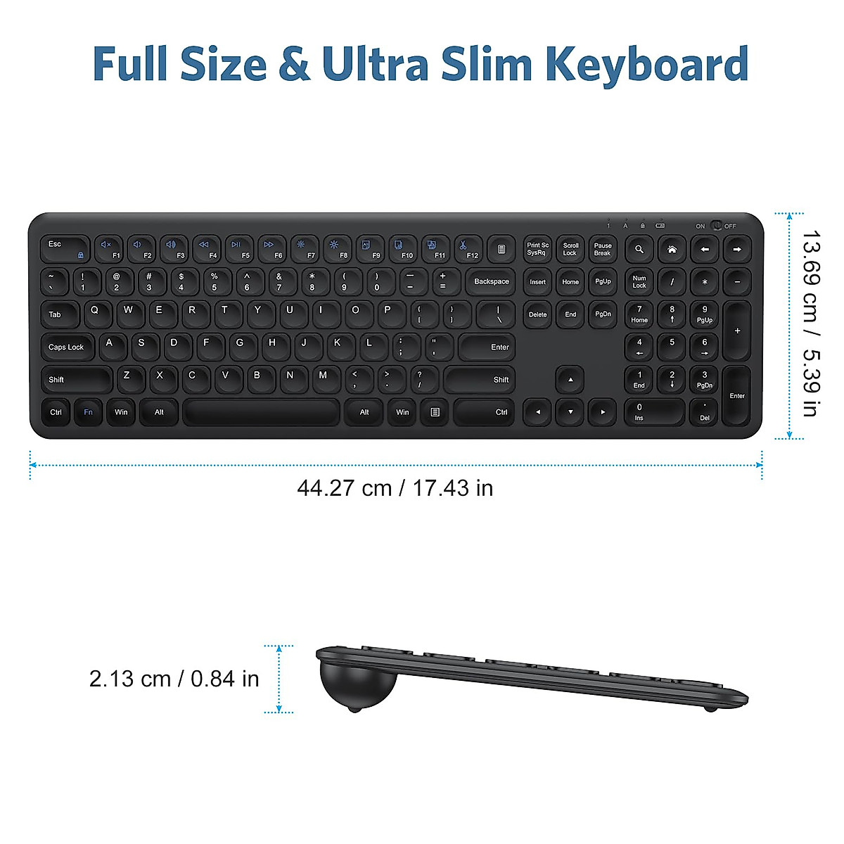 OMOTON Wireless Keyboard, 2.4G Silent Computer Keyboard, Ultra Slim Full Size Ergonomic Keyboard with Numeric Keypad and Media Hotkeys Compatible with Windows, PC, Computer, Notebook, Laptop, Black