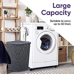 Plastic Corner Laundry Hamper with Lid, Curved Designed Laundry Basket, 2 Pack Triangle Grey Cloths Hamper Organizer with Cut-out Handles for Laundry Room Bedroom Bathroom, Wicker Design, 50 Liter